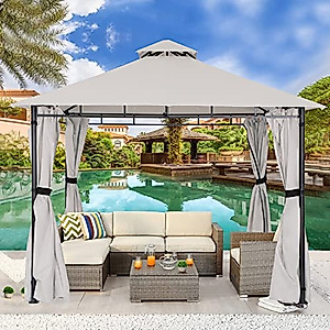 CHARMELEON 10x10ft Gazebo for Patio, Outdoor Gazebo with Curtains & Sandbags, Double Roof Tops Patio Gazebo, Waterproof Patio Canopy for Garden, Deck, Backyard (Light Grey)