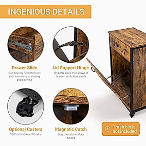 VINGLI Wood Tilt Out Trash Cabinet with Drawer, 10 Gallon Rustic Brown Trash Can Cabinet Tilt Out Barn Door Hidden Trash Can Kitchen Cabinet for Dinning Room, Living Room, Freestanding or Rolling