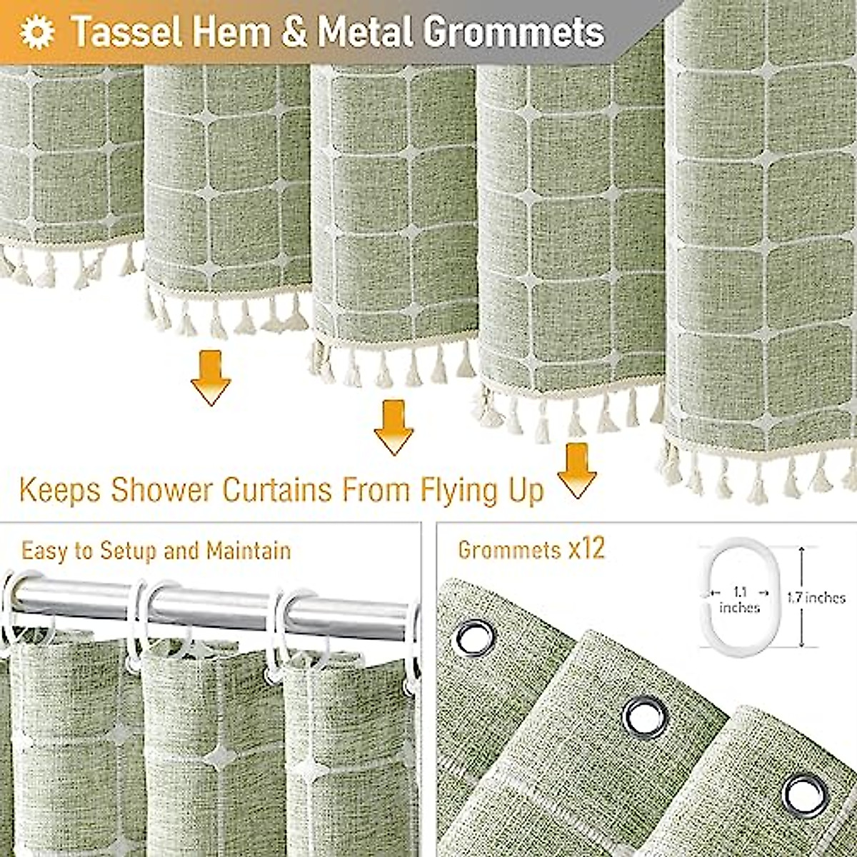 BTTN Boho Farmhouse Shower Curtain, Linen Rustic Heavy Duty Fabric Shower Curtain Set with Tassel, Water Repellent, Bohemian Vintage Country Thick Cloth Shower Curtains for Bathroom, Sage Green, 72x72