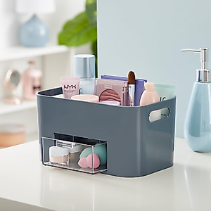STORi Bliss 4-Compartment Plastic Vanity Organizer with Small Accessory Drawer in Grey | Rectangular Makeup, Skincare, & Cosmetic Storage Bin with Pass-Through Handles | Made in USA