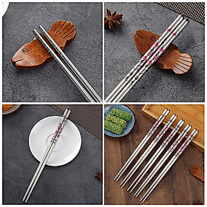 HuaLan Stainless Steel Chopsticks, Metal Alloy Chopstick, Reusable Non-slip Design Chop Sticks, 5 Pairs Gift Set,Plum Pattern Design