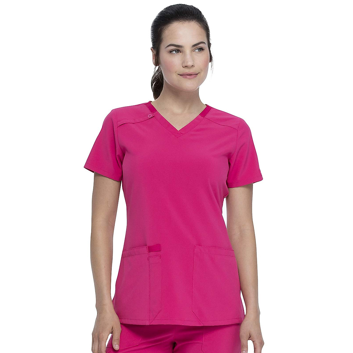 Dickies EDS Essentials Scrubs, V-Neck Womens Tops with Four-Way Stretch and Moisture Wicking DK615, M, Hot Pink
