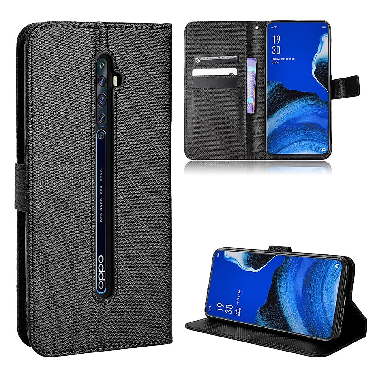 Elubugod Case for Oppo Reno2 Z Leather Case Cover,Case for Oppo Reno2 F Leather Case Cover,Case for Oppo Reno 2Z CPH1945 CPH1951 PCKM80 / Reno 2F CPH1989 Case PU Leather flip Cover Black