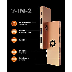 NOV8Tech USB C Hub Dual 4K HDMI Triple Display USB Hub 3.0 Adapter for MacBook Pro 2020/2019/2018/2017/2016 & MacBook Air 2020-2018, 7 in 2 Gold 100W USB C Dock, SD & Micro SD Reader, USB 3 & USB 2