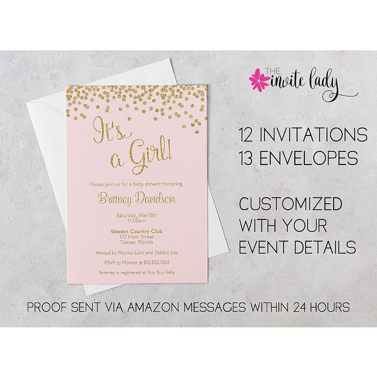 Customizable Baby Shower Invitations for Girl Pink and Gold Invites with Envelopes (12 Count)