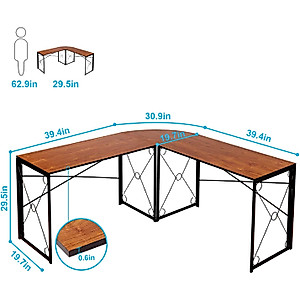VECELO L Shaped Computer Corner Desk, 59’’x59’’ Large Industrial Home Office Workstation, Multi-Usage Long 2 Person Table, Easy Assembly/Saving Space, Steel Frame&Wooden Grain, Brown