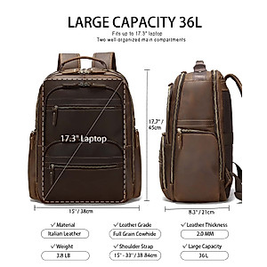 Taertii Genuine Leather Backpack For Men Vintage 17.3 inch Laptop Bag Large Capacity Business Travel Hiking Overnight Shoulder Daypacks 36L