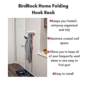 BIRDROCK HOME Folding Hook Coat and Hat Rack - 5 Hooks - 17 Inches - Wall Mount - Decorative Home Storage - Entryway Foyer Hallway Bathroom Bedroom Rail - Satin Nickel Hooks - White Pine Rail