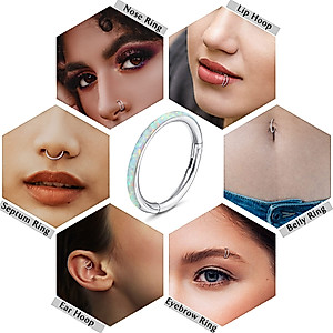 Jstyle 5Pcs 16G Surgical Steel Nose Rings Hoop for Women Opal CZ Clicker Hinged Septum Nose Ring Lip Helix Cartilage Hoop Earring Daith Rook Conch Nose Piercing Jewelry for Women 8mm 18G