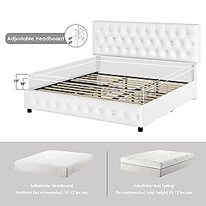 Keyluv Modern Upholstered Bed Frame with 4 Drawers, Button Tufted Headboard Design, Solid Wooden Slat Support, Easy Assembly, Queen Size, White