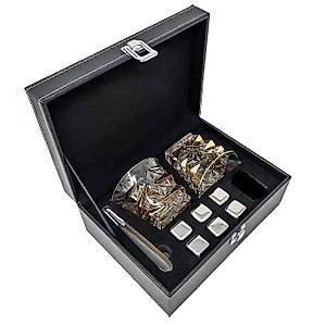 ROCKS Premium Crystal Whiskey Glass Set with Gilded Gold Glasses, Stainless Steel Chilling Stones and Quality Gold Serving Tongs. Great Gift for All Whiskey, Bourbon and Scotch Lovers!