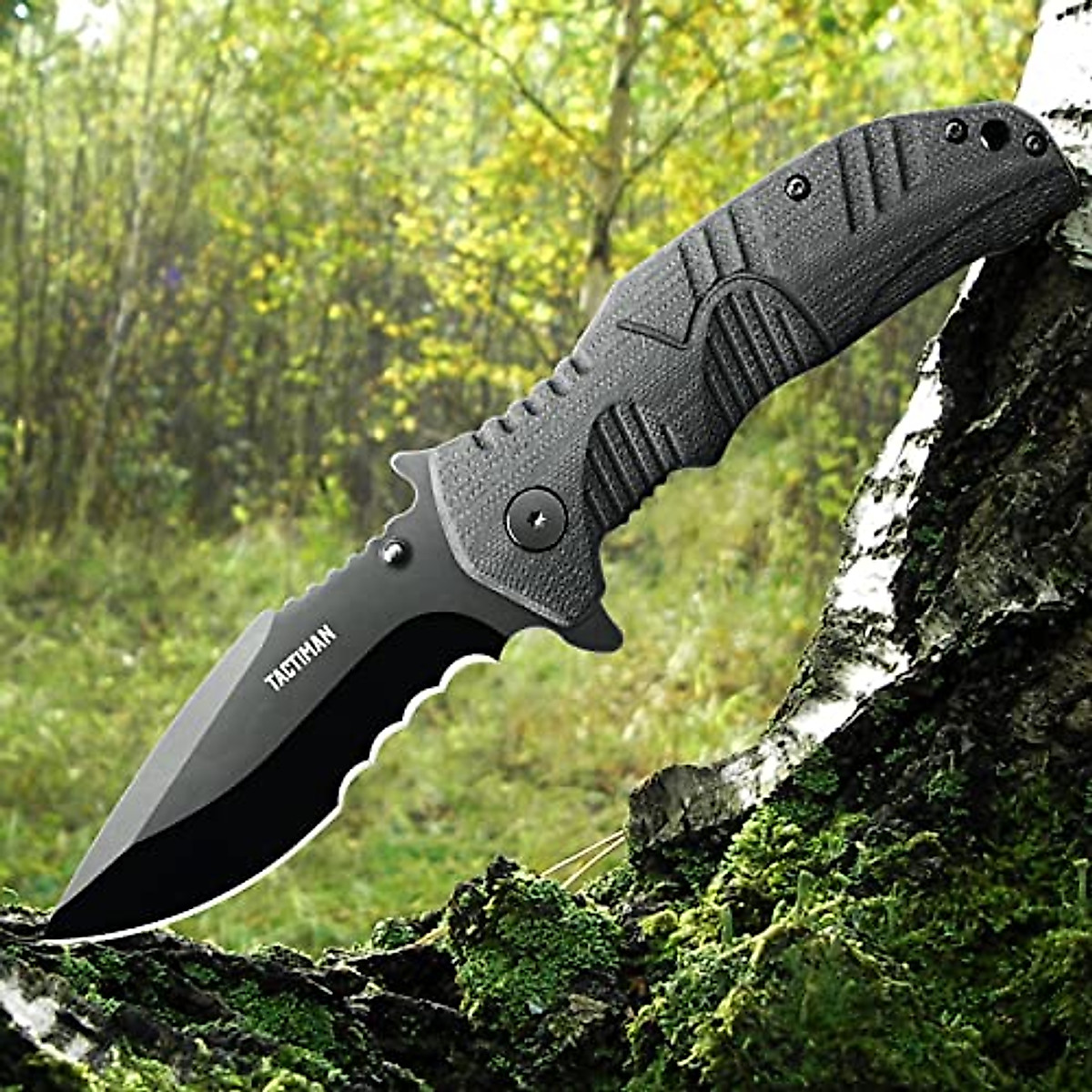 TACTIMAN Pocket Folding Knife Survival Gear Tactical Knife with Liner Lock Stainless Steel Blade in Black Oxidation G10 Handle Reversible Pocket Clip Gifts for Men Dad Husband