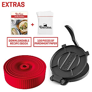 Uno Casa Cast Iron Tortilla Press 8 Inch with Tortilla Warmer - Bundle of Pre-seasoned Quesadilla, Roti and Pataconera Maker With Taco Shell Warmer including 100 Pcs Parchment Paper