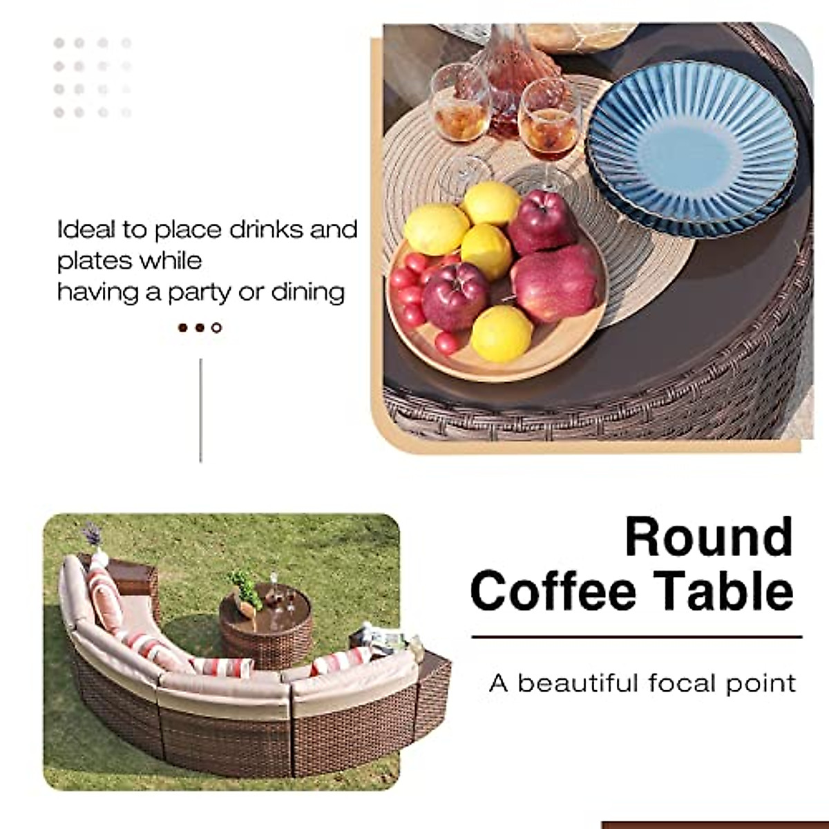 SUNSITT Outdoor 7-Piece Half-Moon Sectional Furniture Set with Round Coffee Table, Patio Curved Sofa Set, Beige Cushion and Brown Wicker, Incl. Waterproof Cover