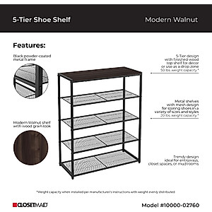 ClosetMaid 5-Tier Shoe Rack, Storage Organizer, with Wood Top Shelf, 4 Metal Mesh Shelves, for 15 Pairs of Shoes, Modern Walnut/Black