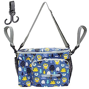 Adjustable baby stroller organizer bag with cup holders,Transparent visible phone Pocket and in front zipper pocket, Caddy Stroller bag, Stroller pouch Fits for Stroller,Baby Jogger,Pet Stroller (Owl)