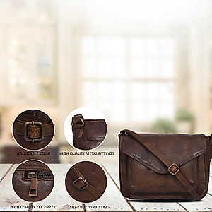 Ozora Handmade Leather Flapover Crossbody Purse for Women with Adjustable Strap & Overflap Snap Closure Tote/Bag (Brown Wash)