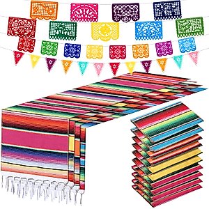 10 Pack 14 x 84 in Mexican Serape Table Runners, 29 Pcs Papel Picado Banner, Fiesta Hanging Banner and Pennant Flag Banner Colorful Bunting Banner for Mexican Theme Party (Rose, Blue, Orange, Yellow)