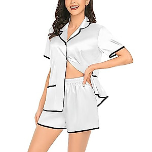 SWOMOG Womens Silk Satin Pajamas Set Two-piece Pj Sets Sleepwear Loungewear Button-Down Pj Sets White