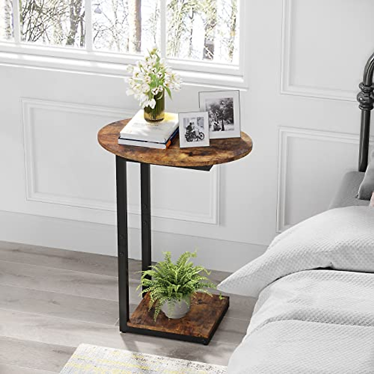 Small Side Table C Table End Table - Small Wood Coffee Table TV Tray for Eating Couch Tables That Slide Under, Modern C Shaped Side Table for Small Space, Oval Table Top Design, Rustic Brown