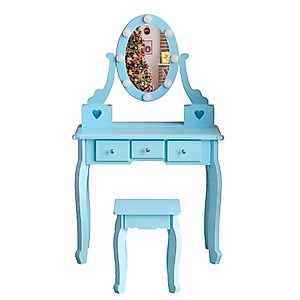 Princess Makeup Desk and Chair Set,Vanity Set with Mirror and Lights and Stool, 5 Storage Drawers, Pretend Play Princess Makeup Desk Dressing Table and Stool Set for Little Girls, Macaroon Blue