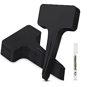 GeeRic 100 Pcs Plastic Plant T-Type Tags, Plant Labels Nursery Garden Labels, Re-Usable Vegetable Gardening Tags with Mark Pen, Black