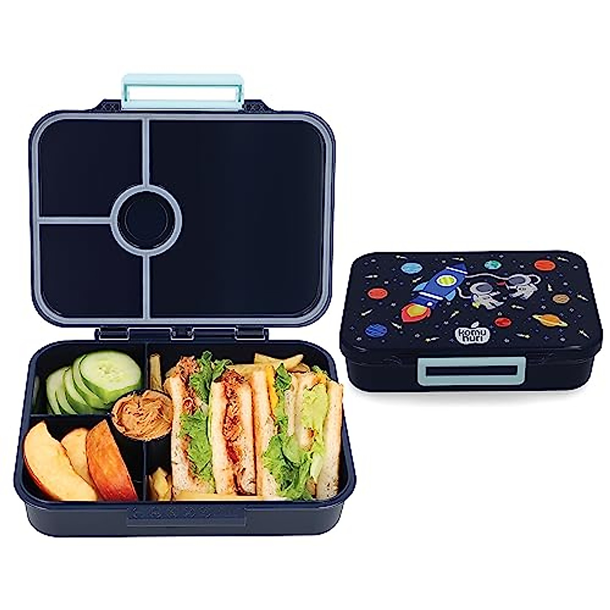 KOMUNURI LeakProof Bento Lunch Box for Kids, 4 or 5 Compartments, Microwave Safe, Dishwasher Safe, BPA Free, Lightweight, Kid Friendly Latch (Deep Blue - Space/Astronaut/Planets)