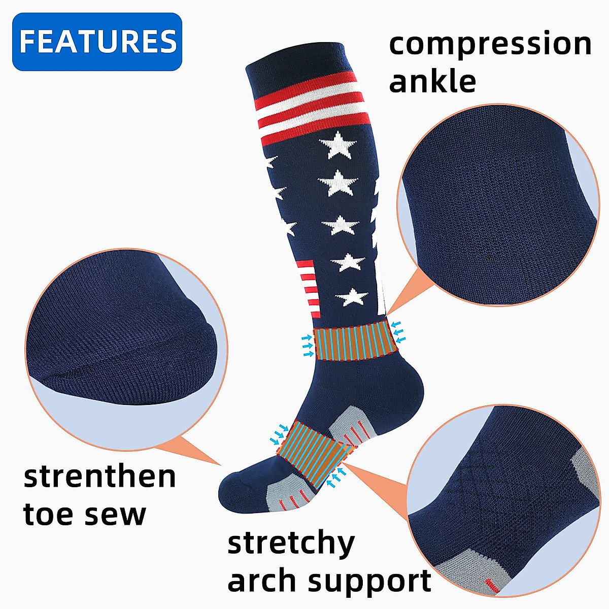 BUENWAZ Knee High American Flag Baseball Socks for Men Athletic Cushioned Patriotic Over the Calf Socks for Softball Football Soccer (Stars & Stripes)