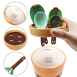 Cactus Measuring Spoons Set in Pot Cute Ceramic Kitchen Measuring Cups and Spoons Set with Holder for Baking Salt Sugar
