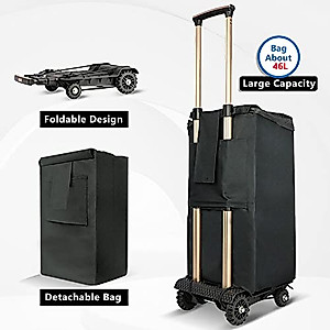 Folding Utility Shopping Cart Rolling Crate Portable Hand Truck Lightweight Trolley with Removable Waterproof Bag 70Kg/155Lbs Adjustable Handle 4 Wheels for Grocery Moving Luggage Laundry(Black+Bag)