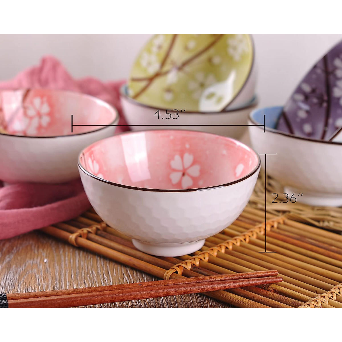 WHJY Cherry Bloom Chinese Japanese Ceramic Rice Bowl 10 oz, Sakura Bowl Gift Set, Serving Bowls Dinnerware Bowls for Rice, Cereal, Noodle, Soup, Desserts, Set of 6