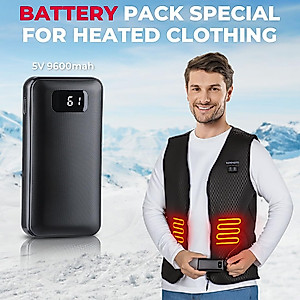 KEMIMOTO 5V 2A Power Bank for Heated Vest,Heated Vest Battery Pack,9600mAh Ultra-Compact Power Bank for Heated Jackets,Pants,Hoodies