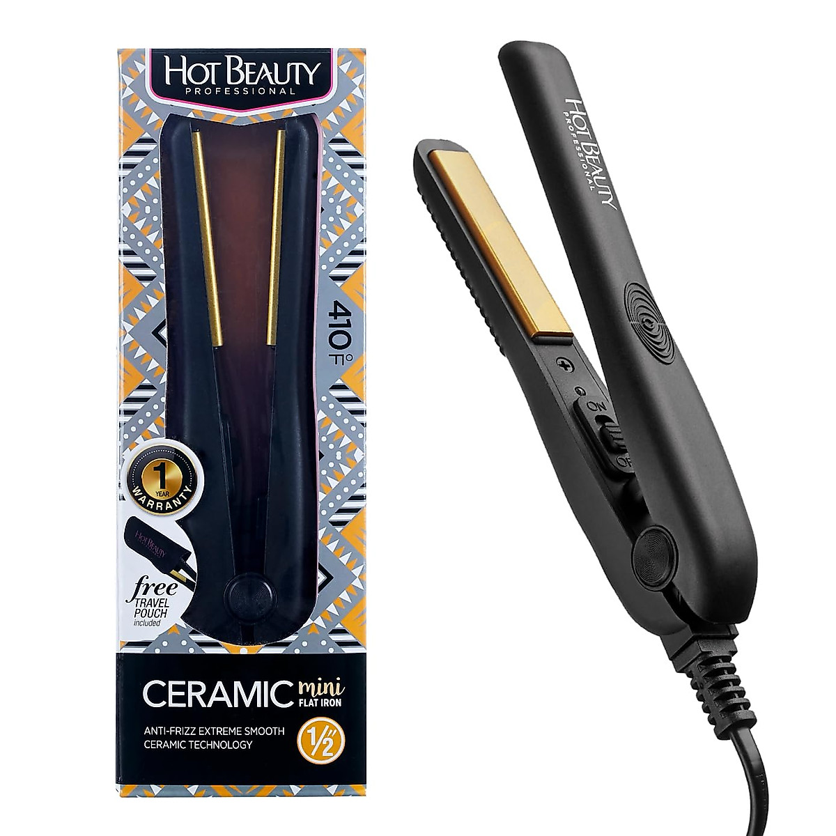 Hot Beauty Professional Ceramic Mini Flat Iron 1/2", Anti-Frizz, Fast Heating, Versatile Styling for Curly & Straight Hair, Ideal for Traveling with Travel Pouch (Black)