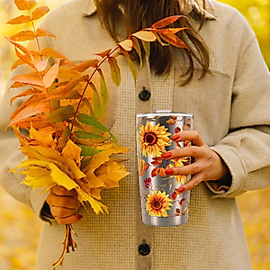 Whaline Fall Watercolor Sunflower Tumbler Stainless Steel Wine Tumbler with Straw and Cleaning Brush Autumn Thanksgiving Coffee Mug Cup for Women Girlfriend Besties Wife Lover Spouse Squash Gifts,1Pcs