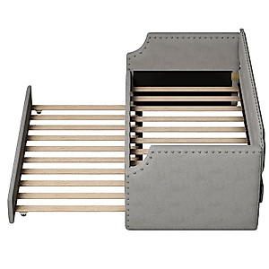 FLOYINM Upholstered Daybed with Trundle, Wood Slat Support,Upholstered Frame Sofa Bed, Twin
