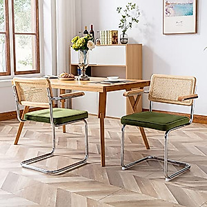 Zibeths Olive Green Dining Chairs, Cane Back Side Chairs with Armrest, Cesca Dining Chairs Set of 2, Velvet Upholstered and Chrome Legs for Dining Room, Living Room, Kitchen