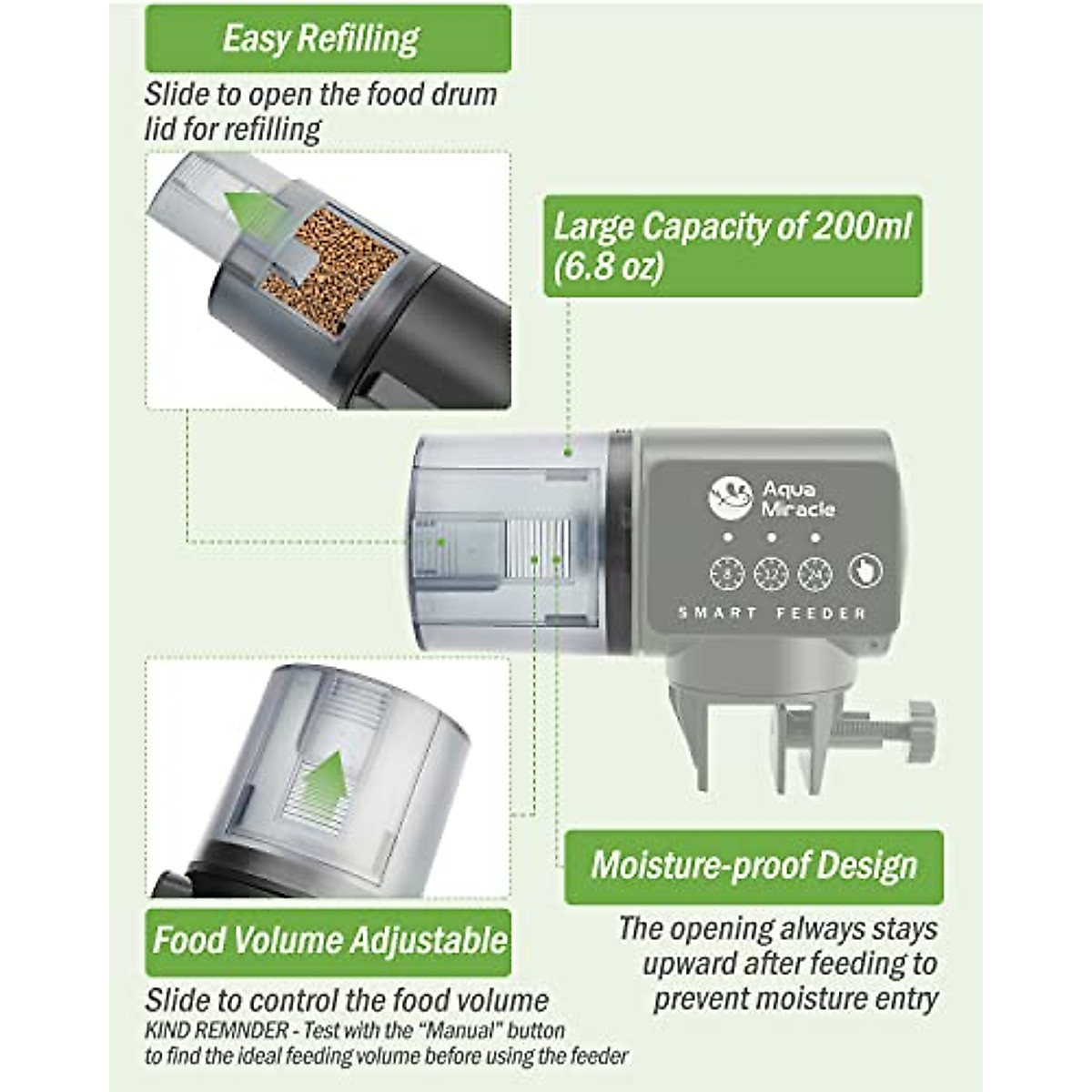 AquaMiracle Automatic Fish Feeder for Aquarium, Fish Feeder Automatic Dispenser with Timer Fish Food Timer Fish Food Vacation Feeder Auto Fish Feeder, for Granules Pallets Strips, Volume Adjustable