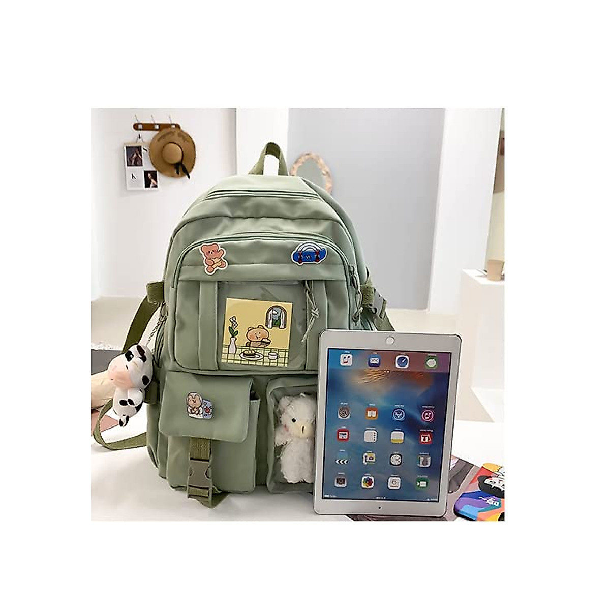 MWZING Kawaii Backpack with Lunch bag Kawaii Shoulder Bag Cute Aesthetic Backpack with Cute Pin Accessories Plush Pendant PINK