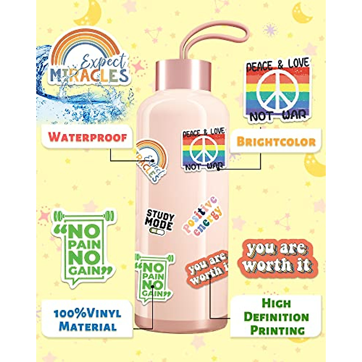 300 PCS Inspirational Water Bottle Stickers, Motivational Vinyl Waterproof Stickers Laptop Positive Stickers for Journaling Scrapbooking Teacher Reward Quote Stickers for Adults Kids Teens