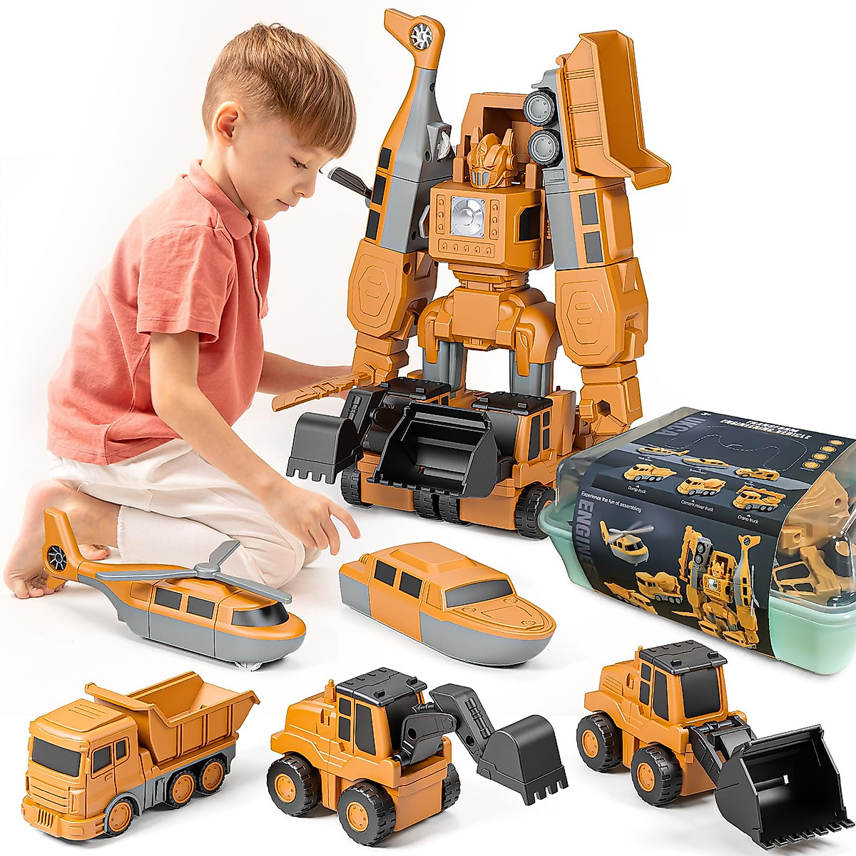 Gzsbaby Transforming Robot Toys Set for Boys, 6 in 1 Magnetic Construction Trucks Transform Robot Play Vehicles with Storage Box (Construction Toys) (778A47)