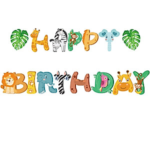 LJCL Safari Animals Happy Birthday Banner, Jungle Party Sign Jungle Animals Theme Bunting Party Decorations Supplies for Safari/Jungle Themed Birthday Party, Two Wild Party Birthday Party Supplies