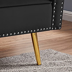 Zushule Futon Sofa Bed -Velvet Tufted Convertible Couch with 2 Pillows, Nailhead Trim, and Metal Legs- - Small Sofabed for Bedroom, Living Room, Apartment - Black with Gold Detail