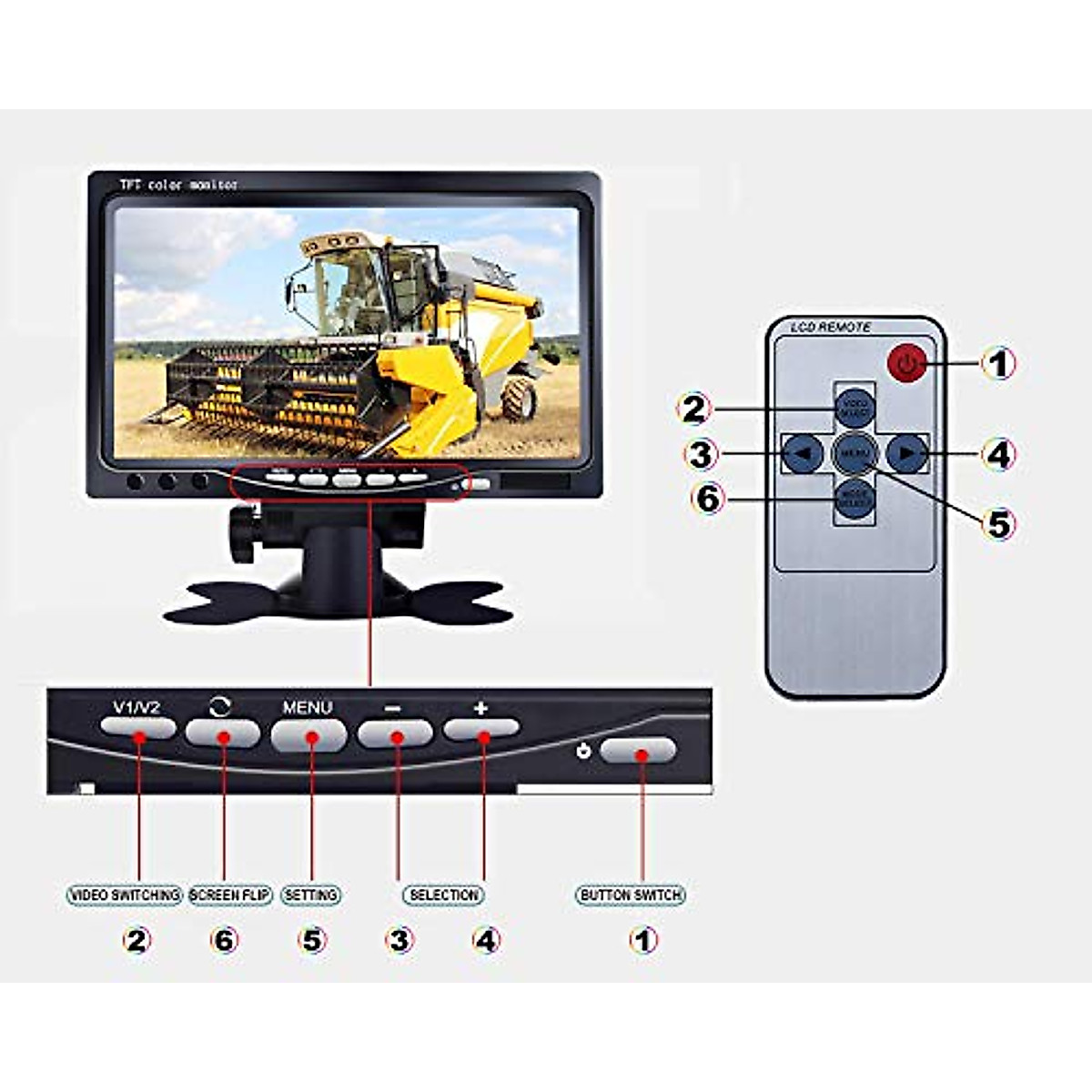 JPP Backup Camera Monitor 7 Inch Rearview Reversing LCD Monitor, Backup Monitor for car Two Video Input Plug V1/V2 Car Rearview Cameras for RV, Truck, Pickup, Van