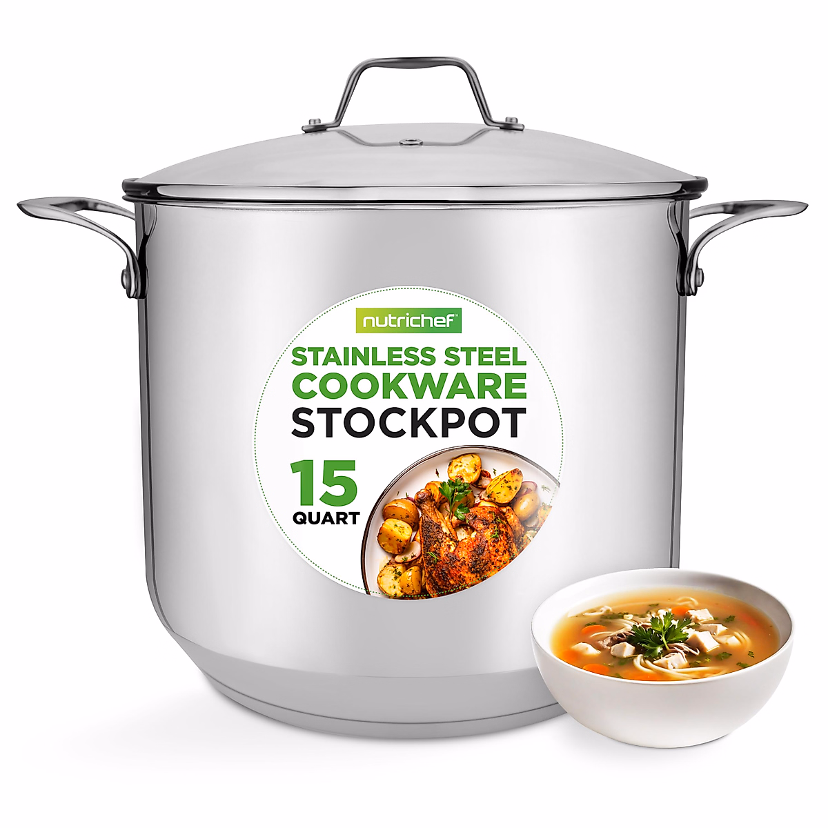 NutriChef 15-Quart Large Stainless Steel Stock Pot with Tempered Glass Lid - Induction Compatible Stockpot, Ideal for Stews & Soups, Dishwasher Safe