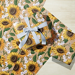 WRAPAHOLIC Kraft Floral Wrapping Paper Roll - Mini Roll - 17 Inch x 33 Feet - Sunflower Design, Perfect for Birthday, Baby Shower, Party, Holiday