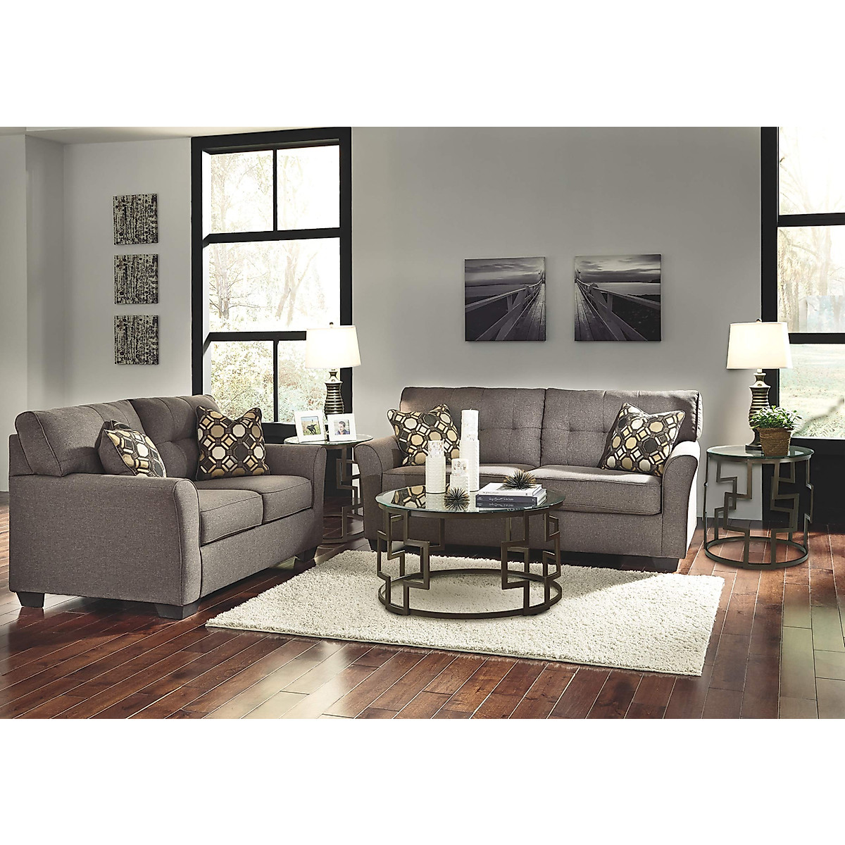 Signature Design by Ashley Tibbee Tufted Modern Loveseat with 2 Accent Pillows, Dark Taupe