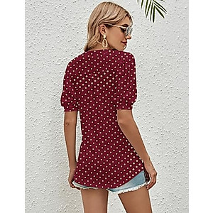 Romanstii Women Tees and Tops Short Sleeve Ruffle V Neck Tunic for Casual Wear,Wine Polka Dot,L