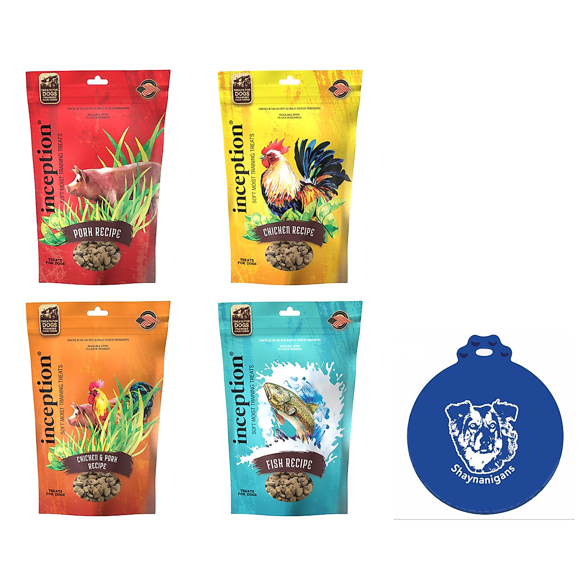 Felicia's Fabulous Finds Inception Soft & Chewy Dog Treats in 4 Flavor Bundle: 1 Chicken, 1 Fish, 1 Pork and 1 Chicken & Pork (4 Bags Total, 4 Ounces Each) Plus Shaynanigans Silicone Lid