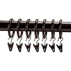 Amazon Basics 1" Curtain Rod with Round Finials, 72" to 144" and Amazon Basics 1" Curtain Clip Ring, Set of 7, Espresso (Dark Bronze)