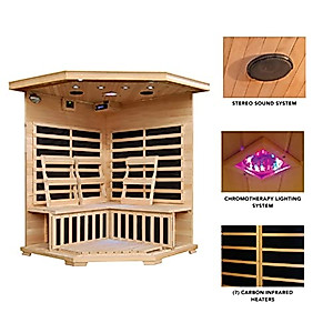Blue Wave 3-Person Hemlock Corner Infrared Sauna w/ 7 Carbon Heaters,Brown